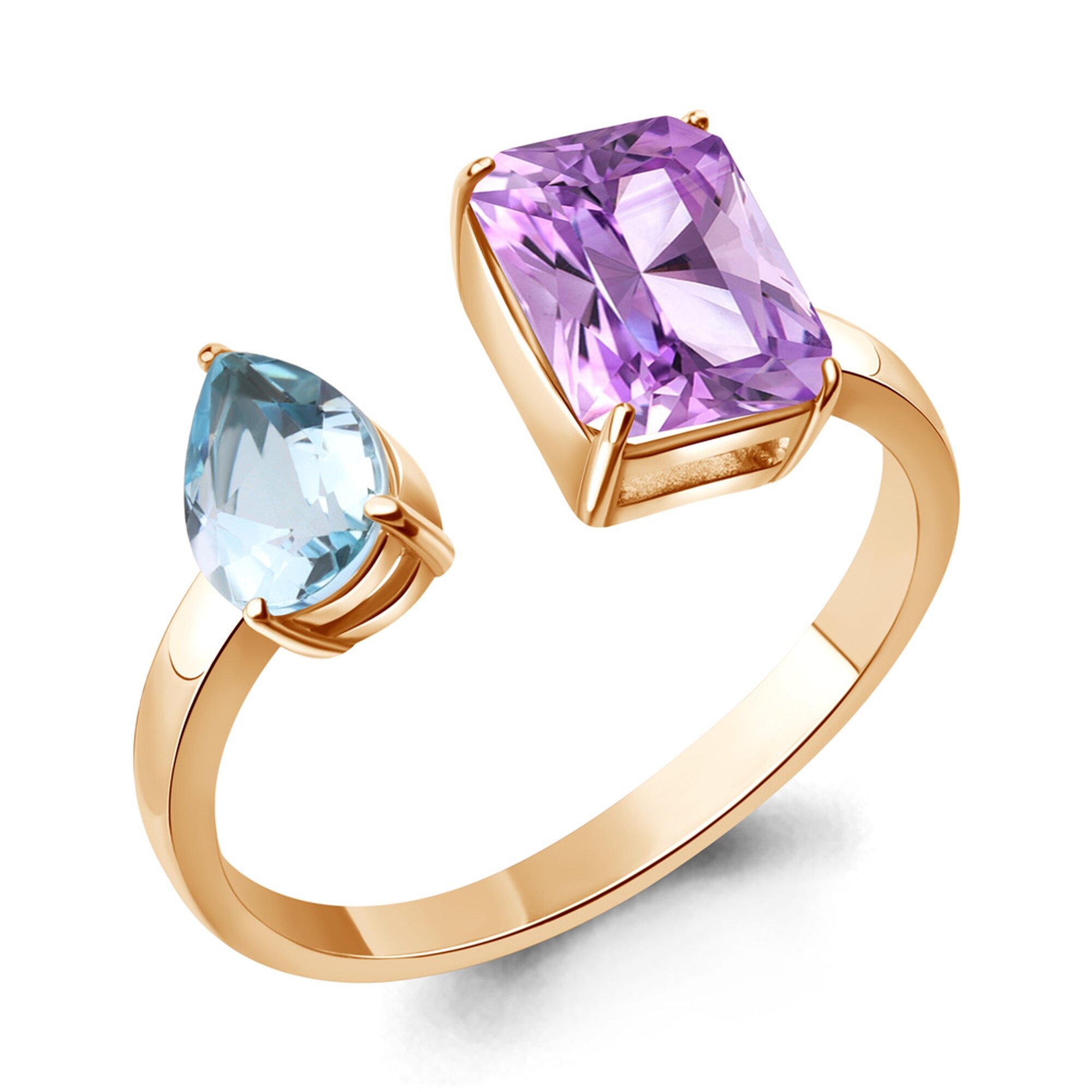 Кольцо, серебро, 925 проба, золочение, аметист, топаз