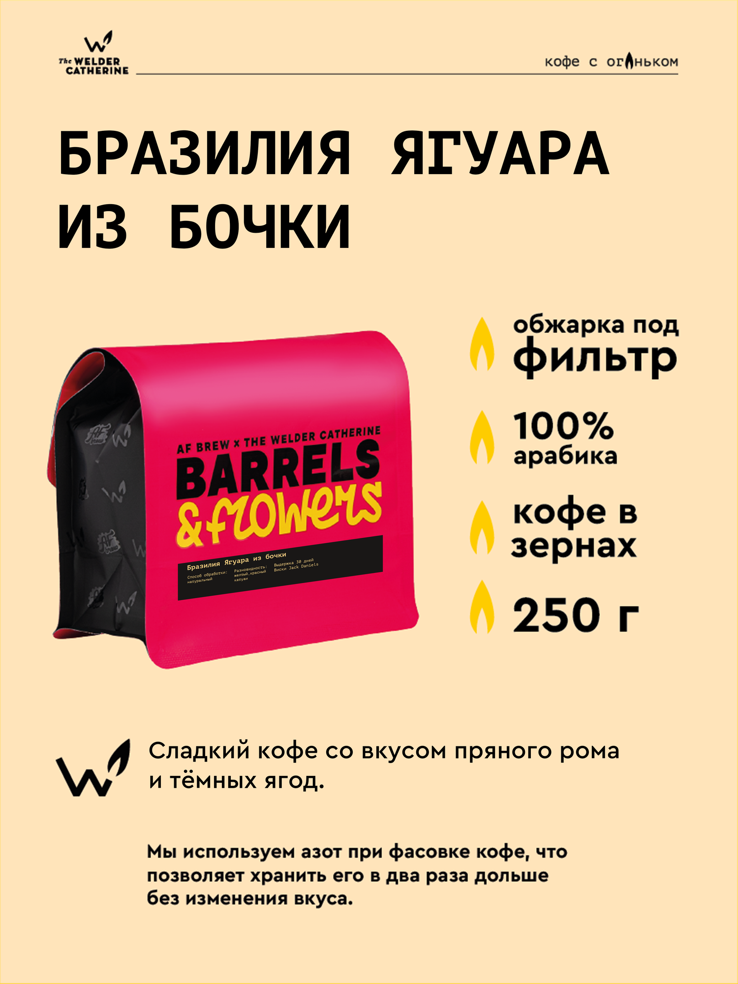 Кофе в зернах Сварщица Екатерина "Бразилия Ягуара из бочки" под фильтр - 250 г