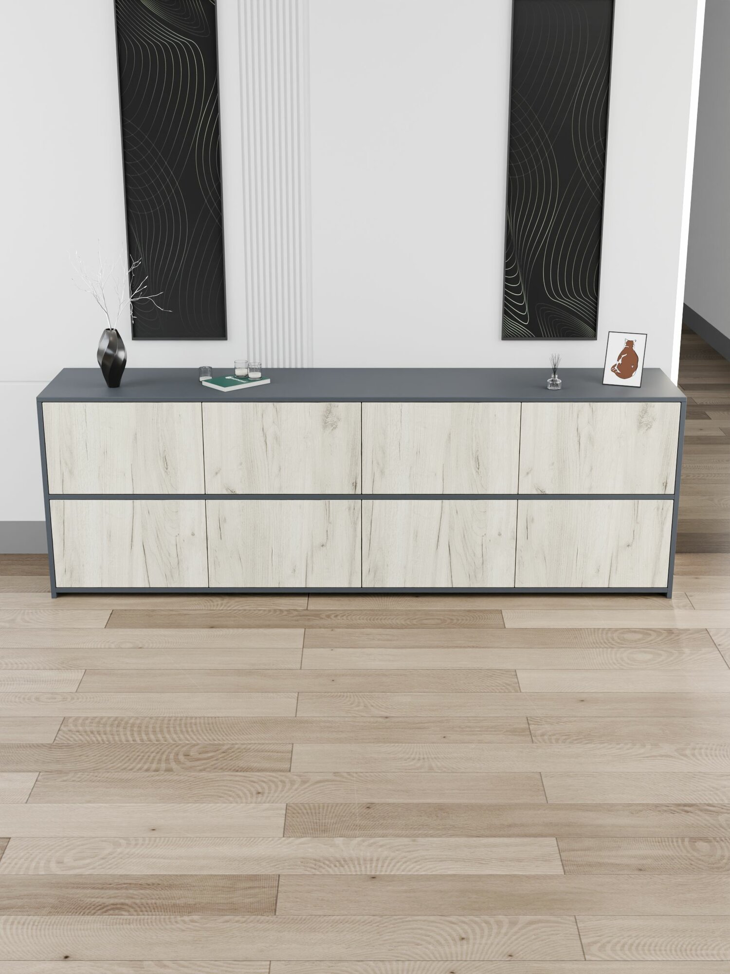 Изумлит Комод для белья и одежды Каллисто 200х66.8х40 см, графит/дуб крафт белый