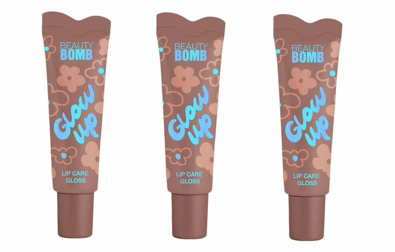 Блеск-уход для губ Beauty Bomb Lip Care Gloss Glow Up, тон 01 полупрозрачный карамельный нюд, 10 г - 3 штуки