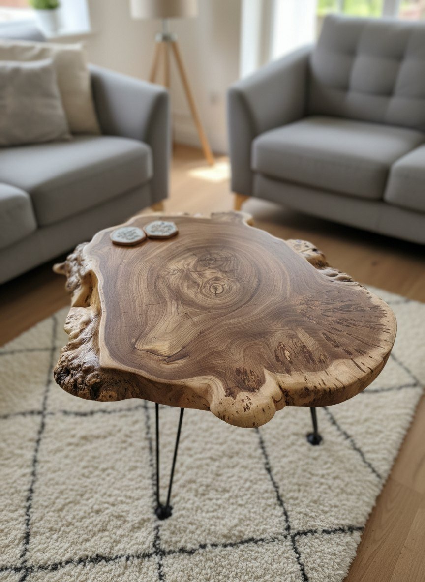 Интерьерный журнальный столик из массива капового карагача. Столик лофт