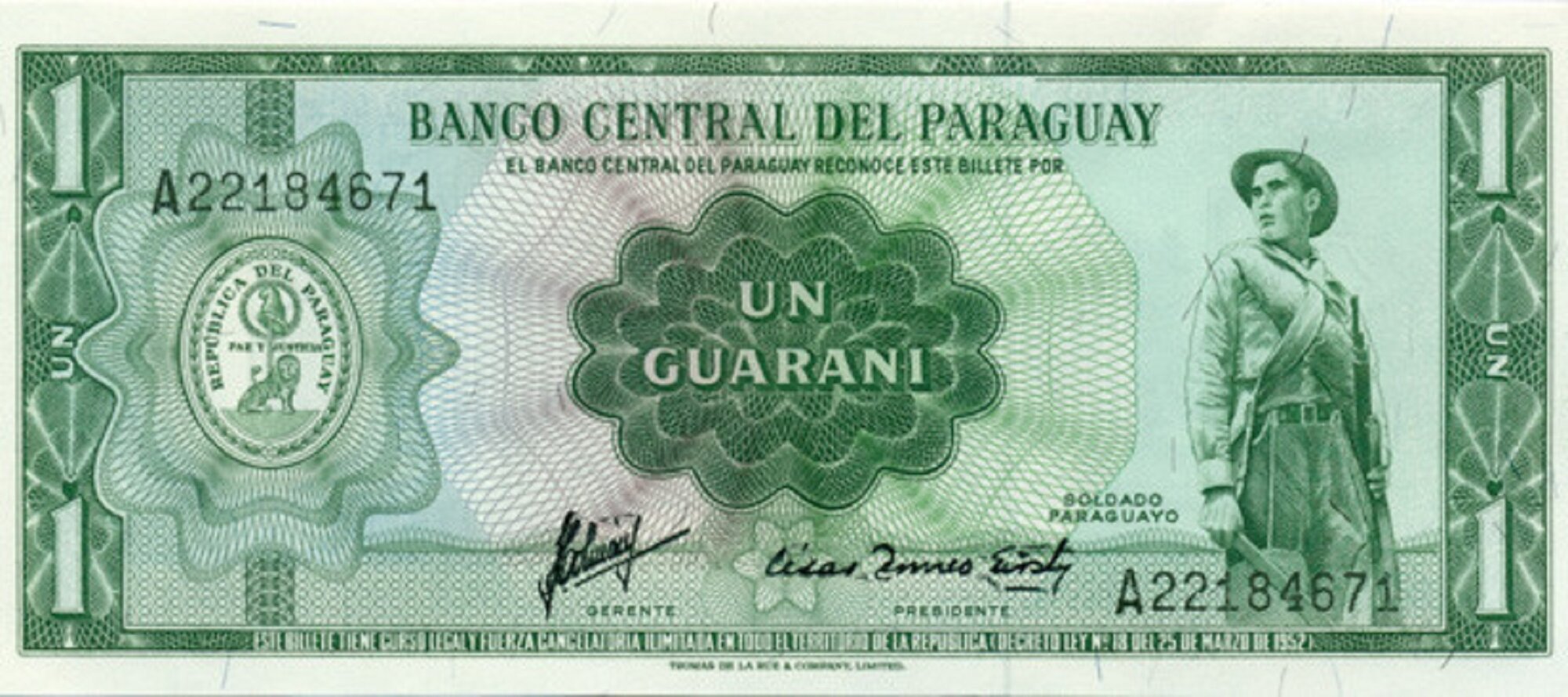 Банкнота номиналом 1 гуарани Парагвая 1952(1963) года. Состояние UNC Р-193