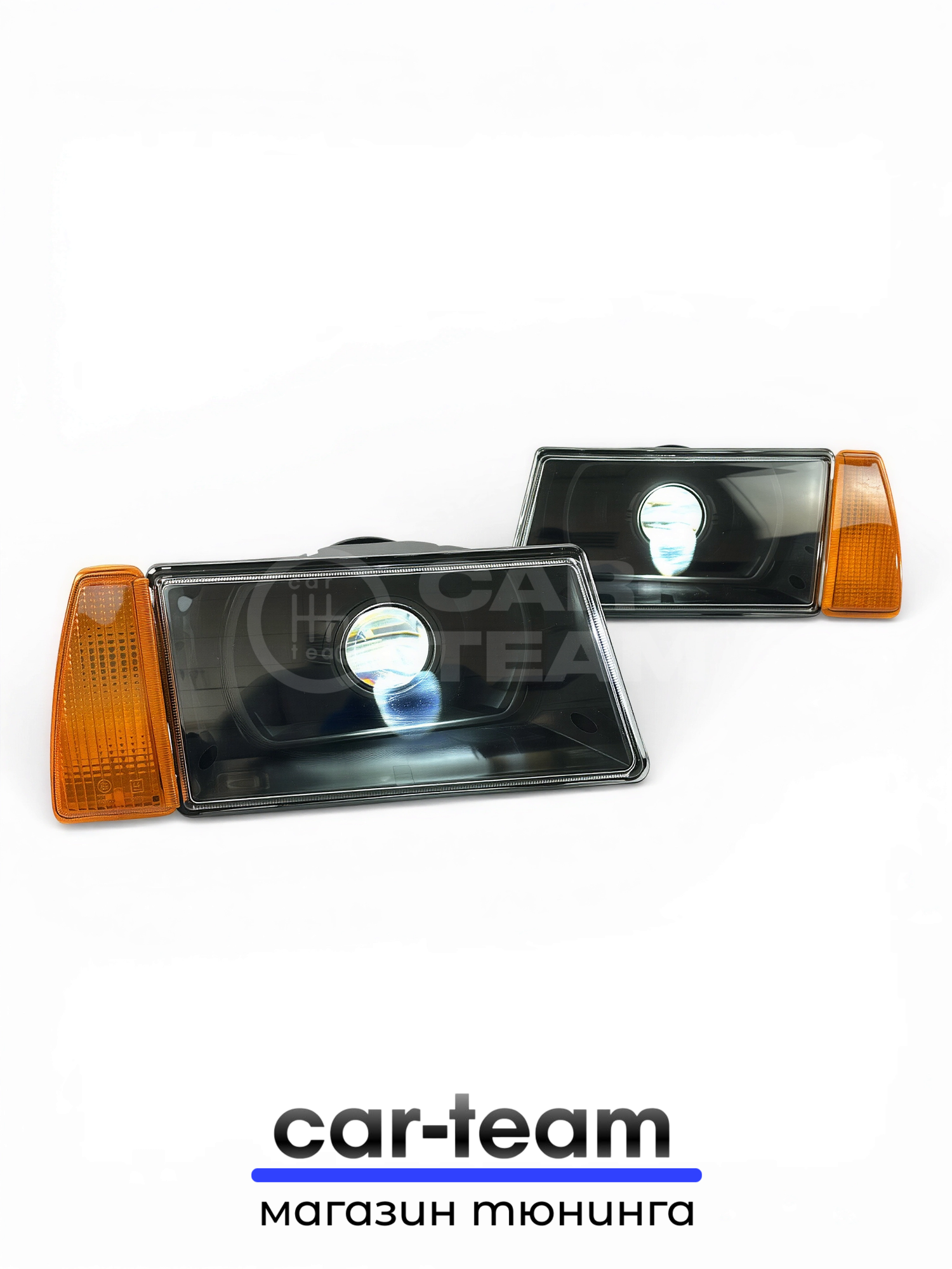 Фары на ВАЗ 2108, 2109, 21099 передние с Bi LED модулями 3.0 дюйма, черная маска, желтые поворотники (под ключ)