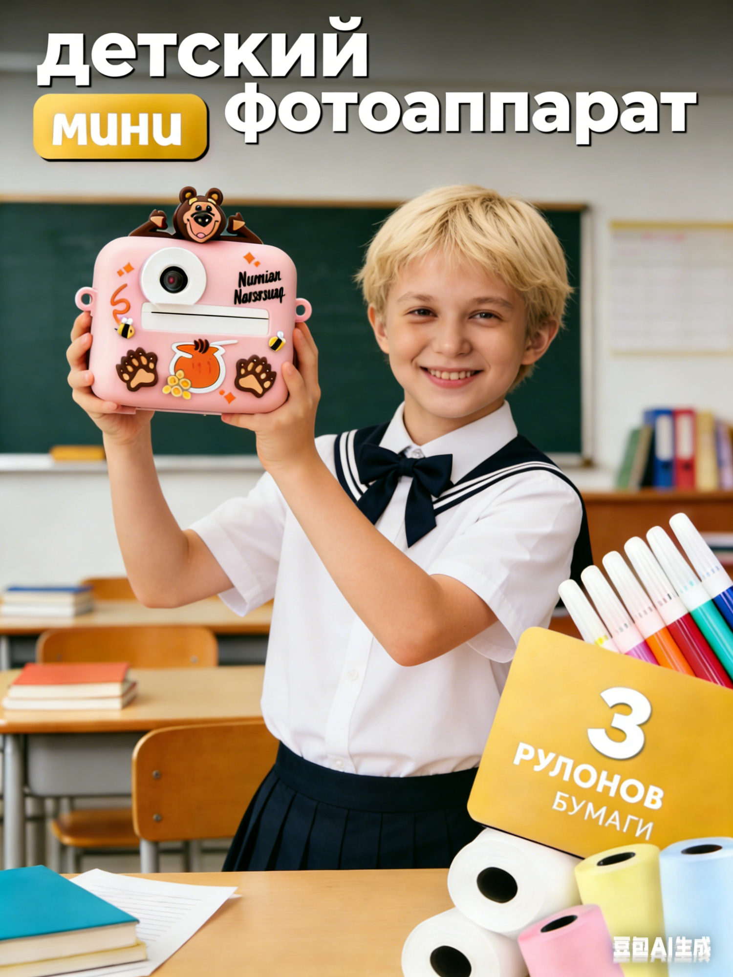 Детский фотоаппарат моментальной печати, встроенные игры, MP3 плеер, печать фото с телефона, розовой