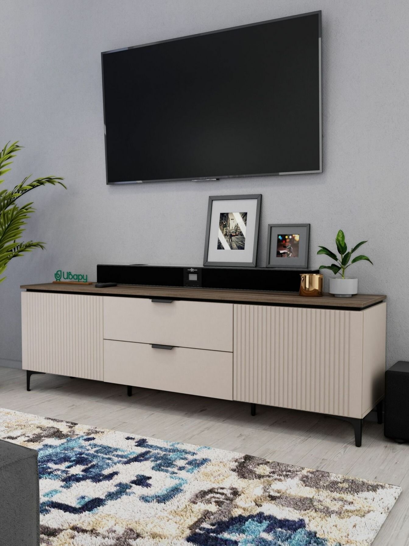 Тумба под телевизор напольная Джулия 3 Ивару ТВ с полками, с дверцами, закрытая, с ящиками 180х40х57 см, Дуб Каньон / Сатин / Лайн Сафари