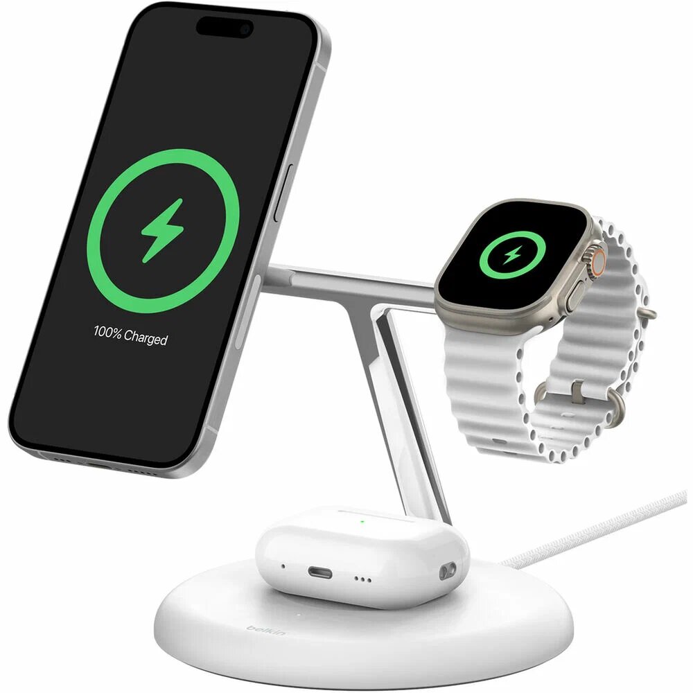 Беспроводная зарядная станция Belkin BoostCharge Pro 3-in-1 15W Qi2 Magnetic Charging Stand White белая WlZ023yzWH