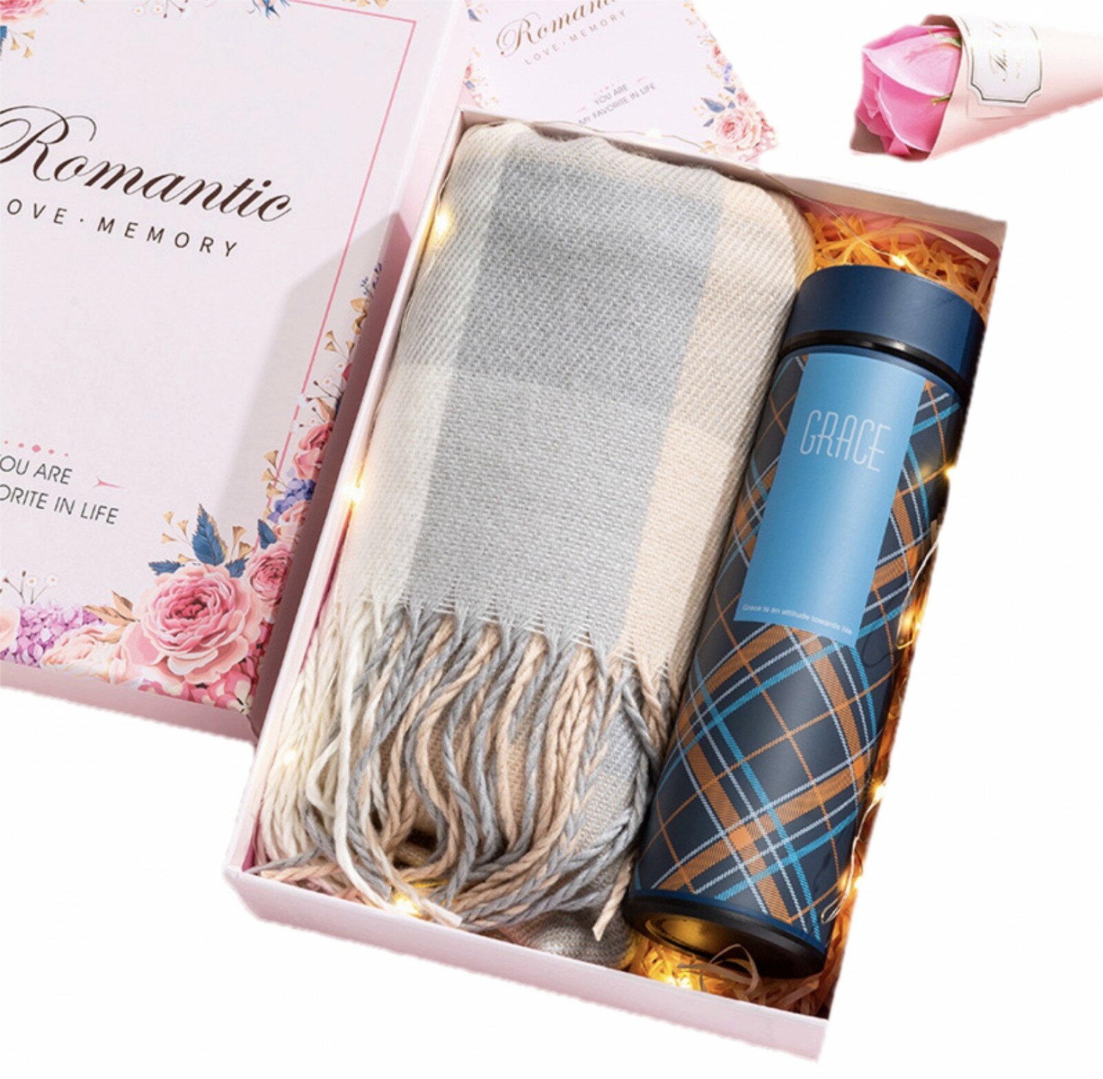 Подарочный набор MyPads УХ-116 с термосом из металла и мягким женским шарфом в пастельных оттенках