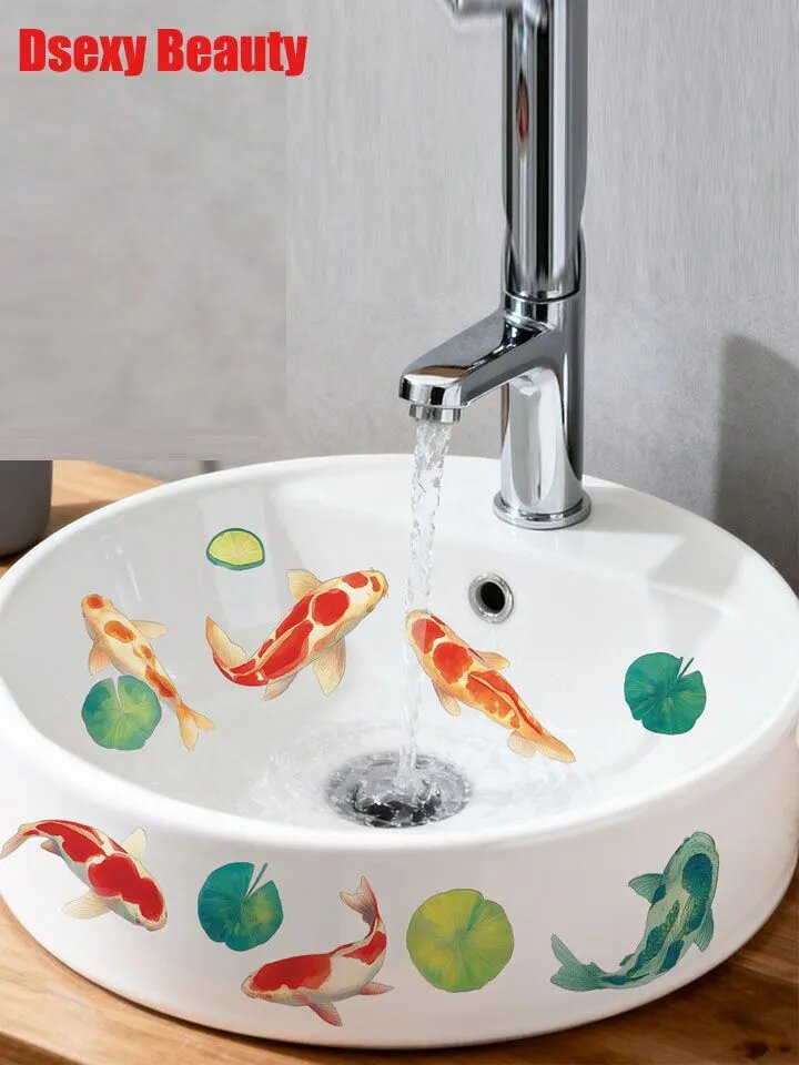 Креативные наклейки для ванной комнаты с изображением золотых рыбок и листьев лотоса