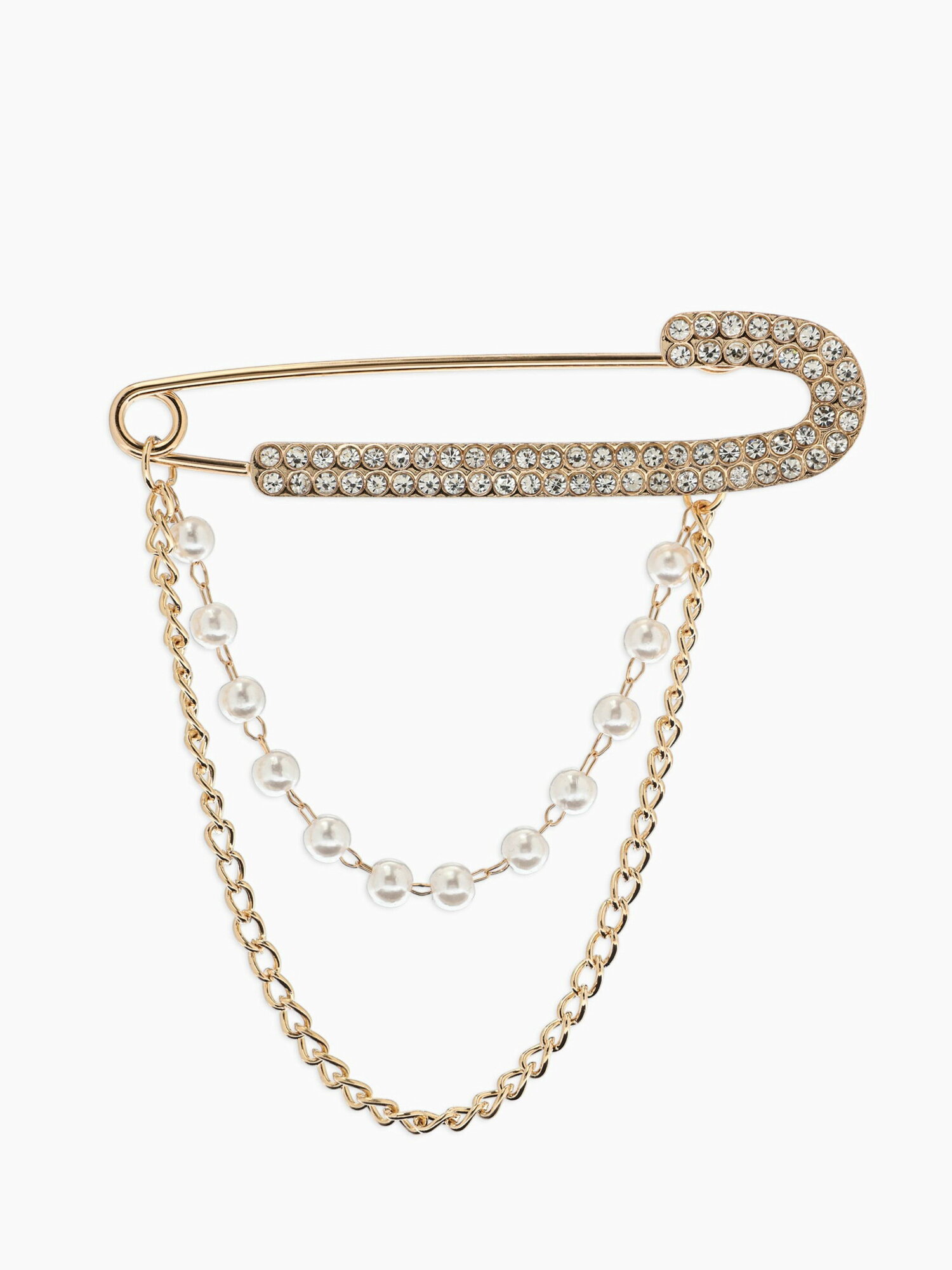 Булавка "Блеск", в стразах, цепочка, жемчуг, L=7.5 см, белая в золоте