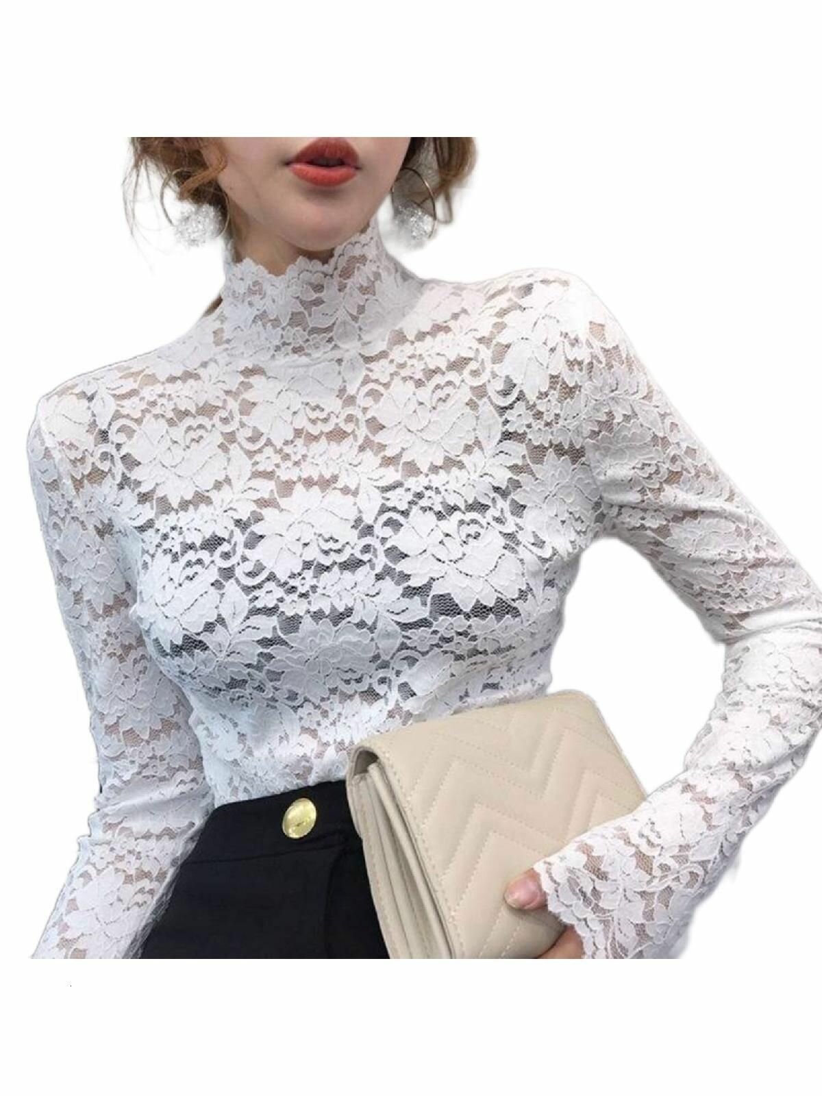 Женская прозрачная блузка из цветного кружева с длинным рукавом и высоким воротом, Белый - XXL