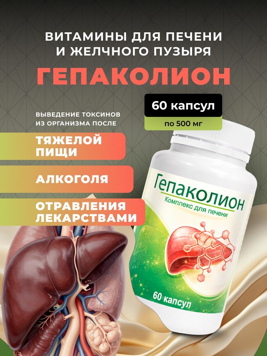 Комплекс для печени Гепаколион, активные ингредиенты, натуральный состав, банка, 60 капсул