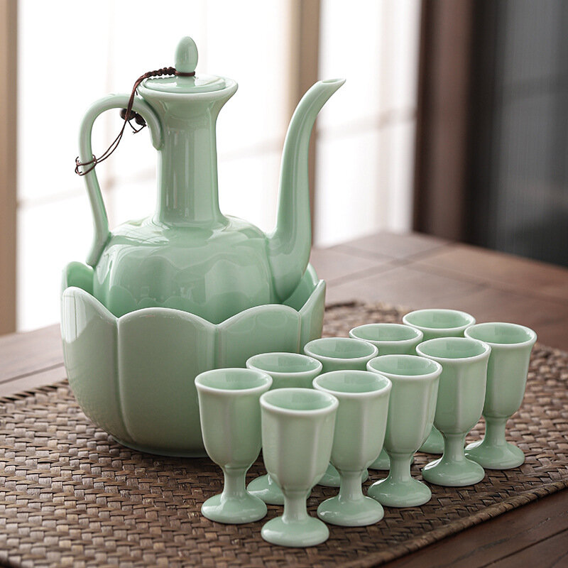 Керамический подогреваемый винный кувшин и набор для вина, домашняя чашка для напитков в китайском стиле из селадона, диспенсер для вина, чашка для саке и желтого вина.