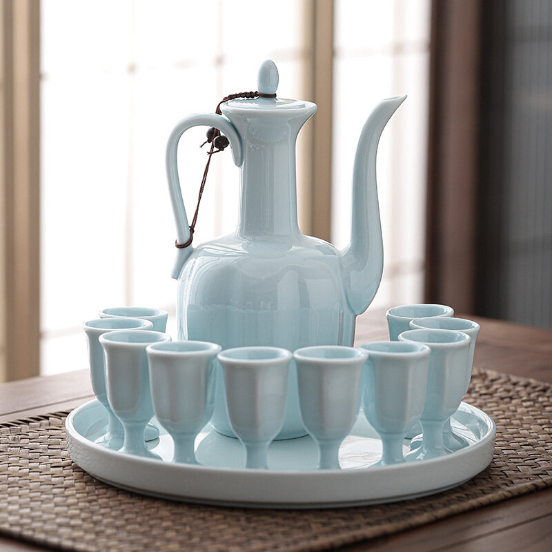 Керамический подогреваемый винный кувшин и набор для вина, домашняя чашка для напитков в китайском стиле из селадона, диспенсер для вина, чашка для саке и желтого вина.