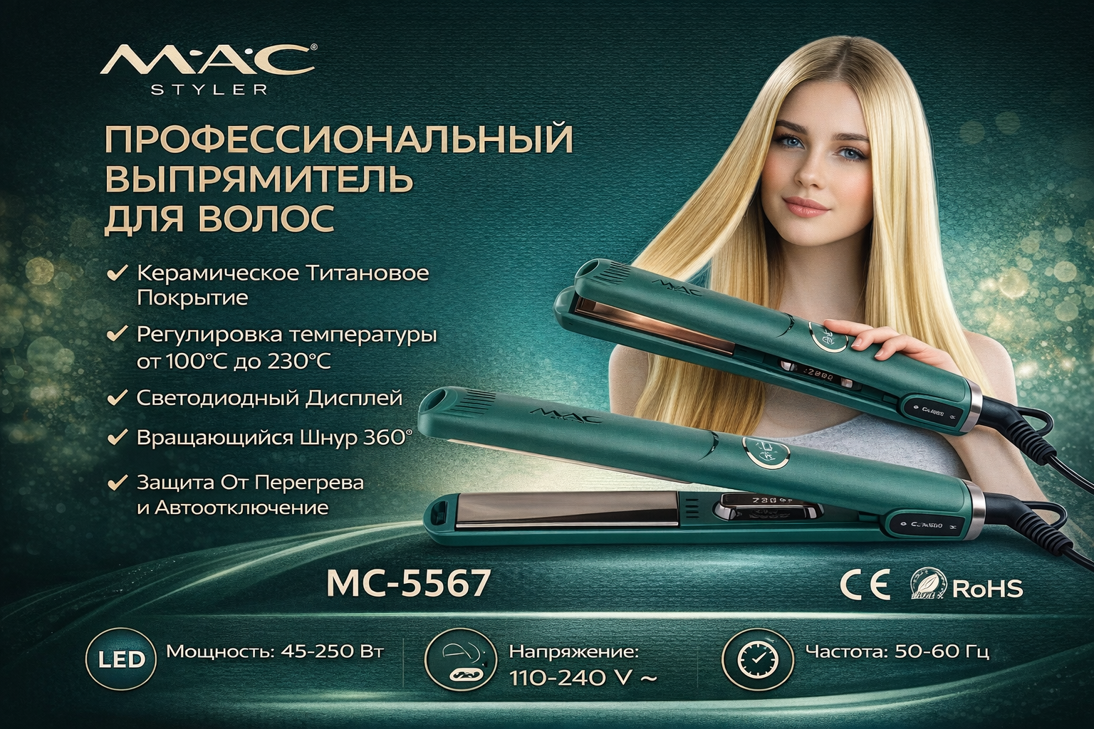 Выпрямитель для волос MC-5567 профессиональный керамико-титановый с LED дисплеем ElektroBit