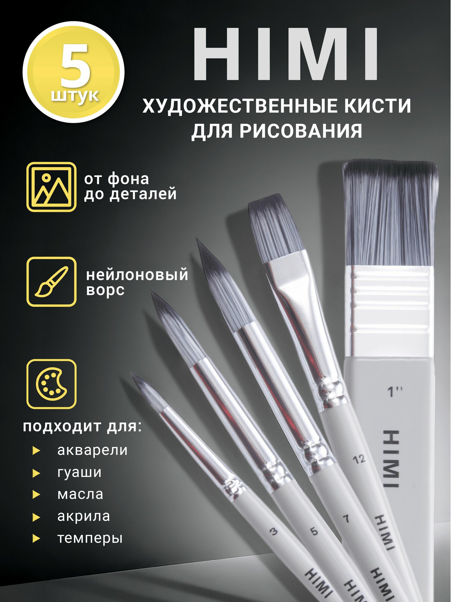 Набор художественных кистей MIYA HIMI, синтетика, 5 шт, для акварели