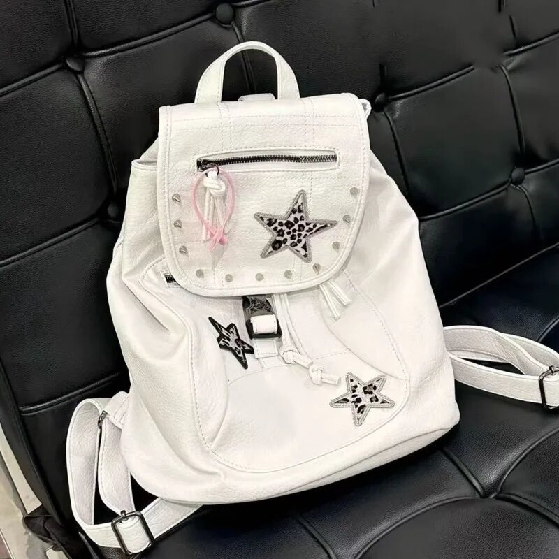 Рюкзак в стиле панк с заклепками для девочек, леопардовая звезда, Y2k, сумка из искусственной кожи, готический рюкзак на шнурке, студенческая сумка для книг, женские сумки