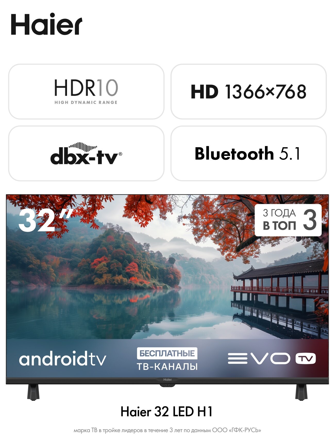 Телевизор Haier 32 LED H1, HD 1366х768, Smart TV, Wi-Fi, Android