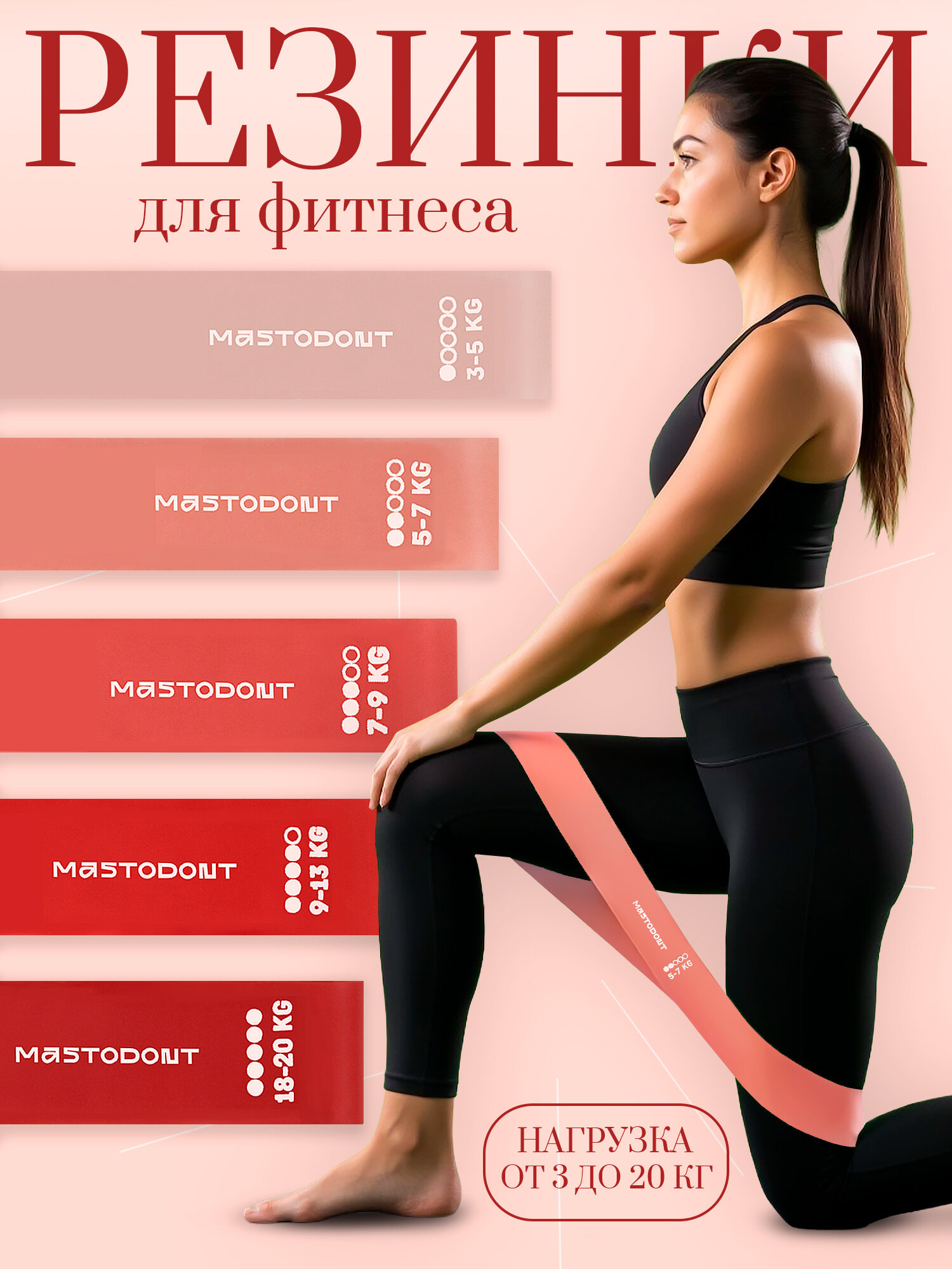 Резинки для фитнеса, фитнес резинки набор 5шт, 3-20 кг, розовые