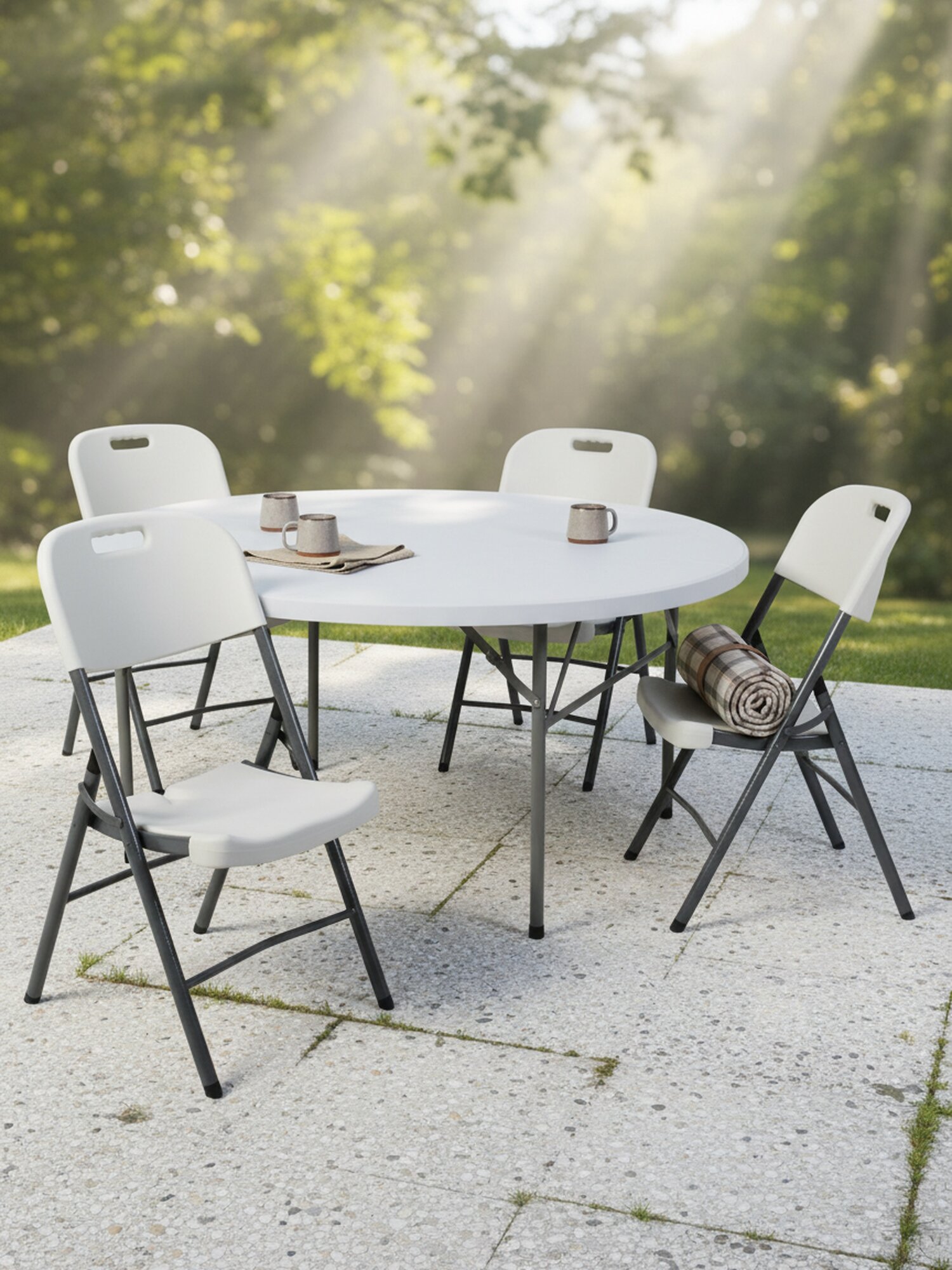 Мебель садовая Марьяна белая: складной круглый стол 154х74 см плюс 4 стула для дачи, сада, кафе, кемпинга, C010217