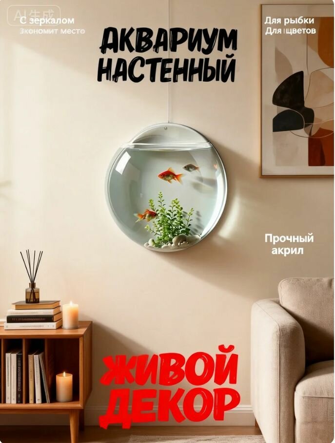 Аквариум настенный круглый с зеркалом 15 см, подвесная ваза кашпо для цветов и рыбки петушка, акриловый декор на стену
