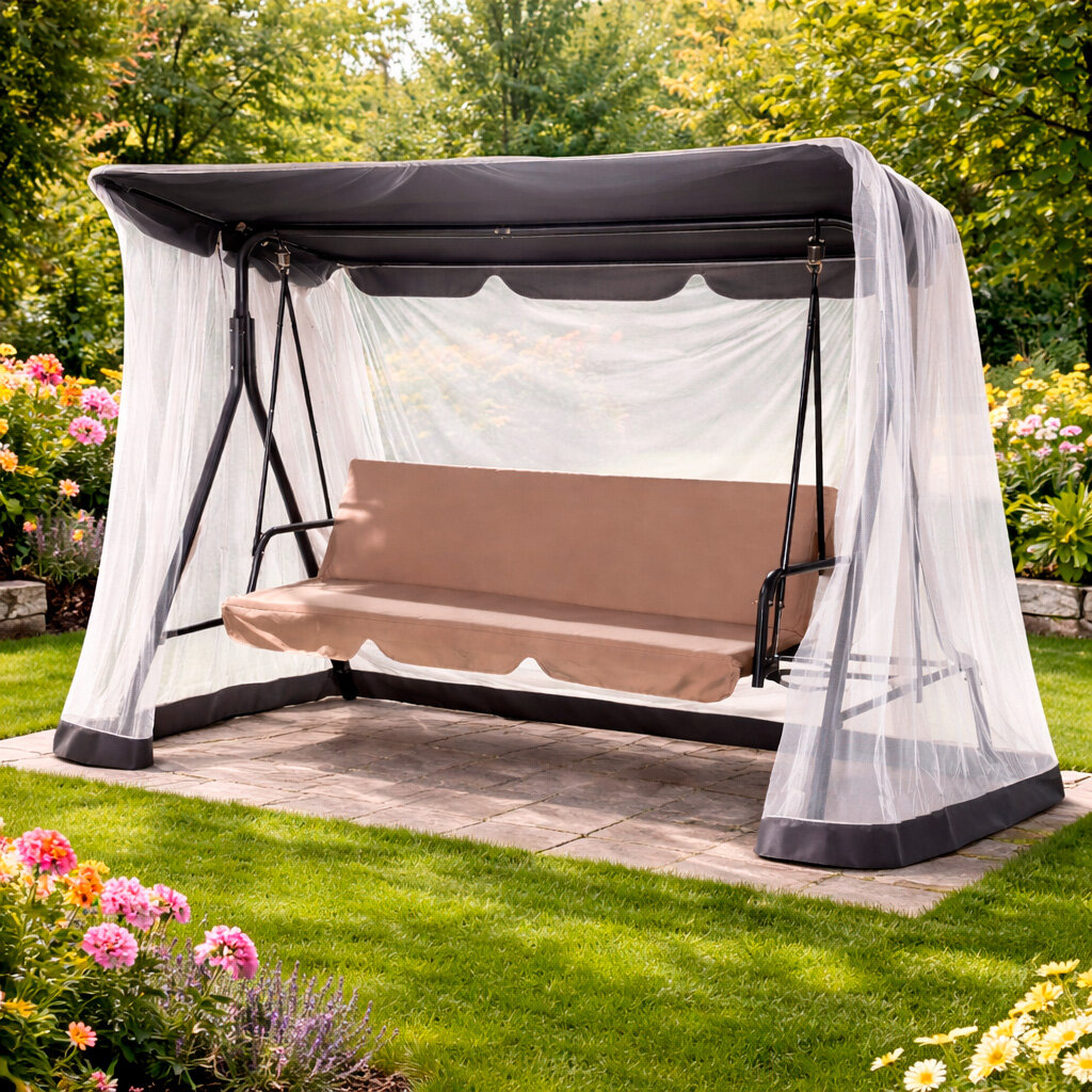Качели садовые трехместные с москитной сеткой и солнцезащитным тентом, металлический каркас, нагрузка 210 кг, бежевый