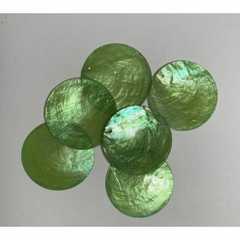 Перламутровые ракушки-пайетки, 5 см, двойное отверстие, травяной зеленый, перламутровый