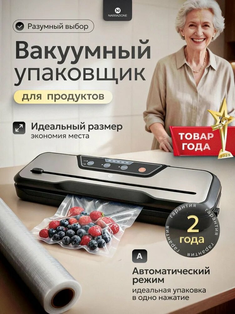 Вакуумный упаковщик, Вакууматор для продуктов, рулон с пакетами и 10 пакетов для вакуумирования
