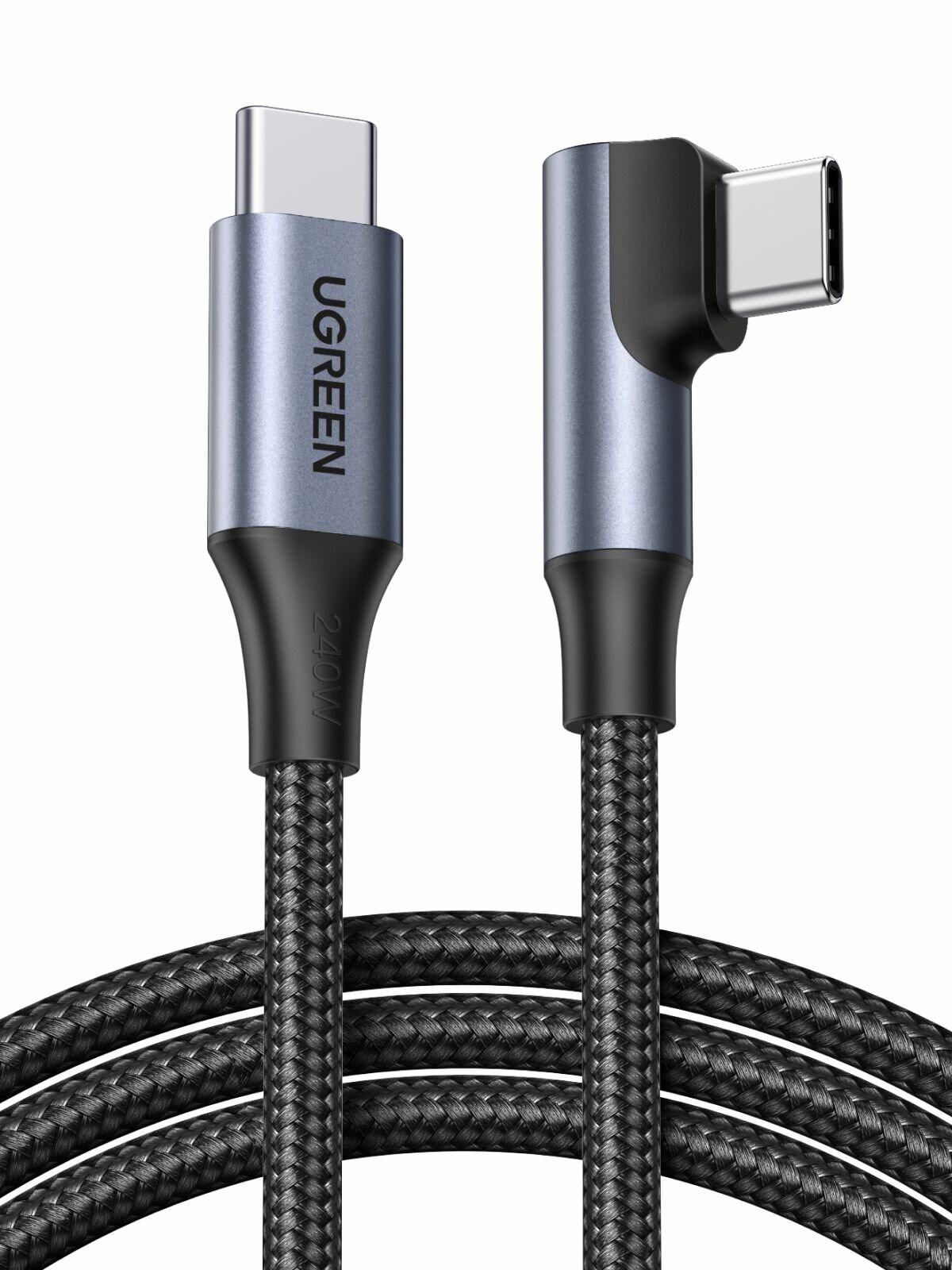 Кабель угловой UGREEN L536 (85345) USB-C Male To Angled 90 USB-C Male Charging Data Cable. Длина: 2м. Цвет: серый космос