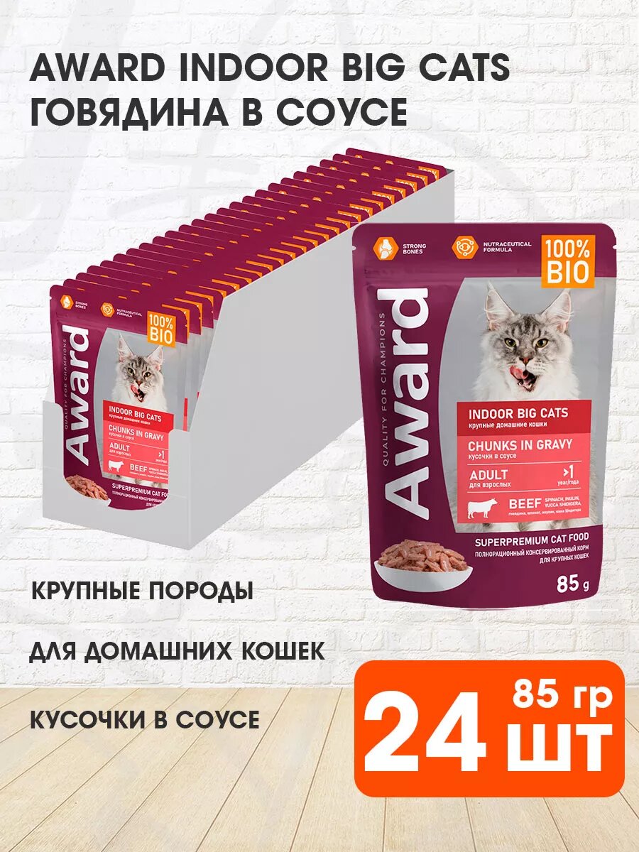 Корм влажный Award Indoor Big Cats Beef для взрослых кошек крупных пород живущих дома, говядина в соусе, 85 г 24 шт