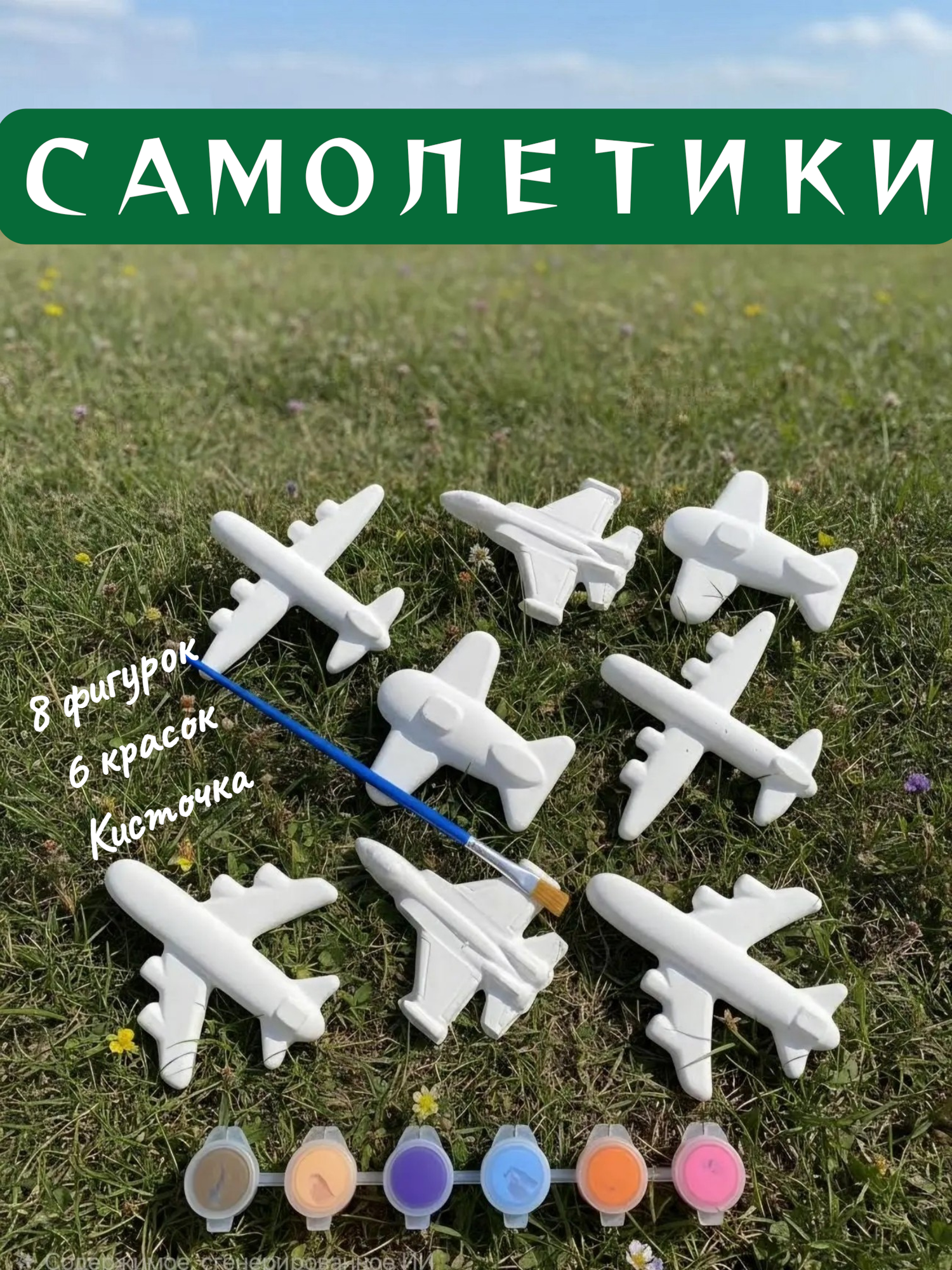 Набор для творчества "Самолетики", раскраска гипсовых фигурок (8), с красками (6) и кисточкой.