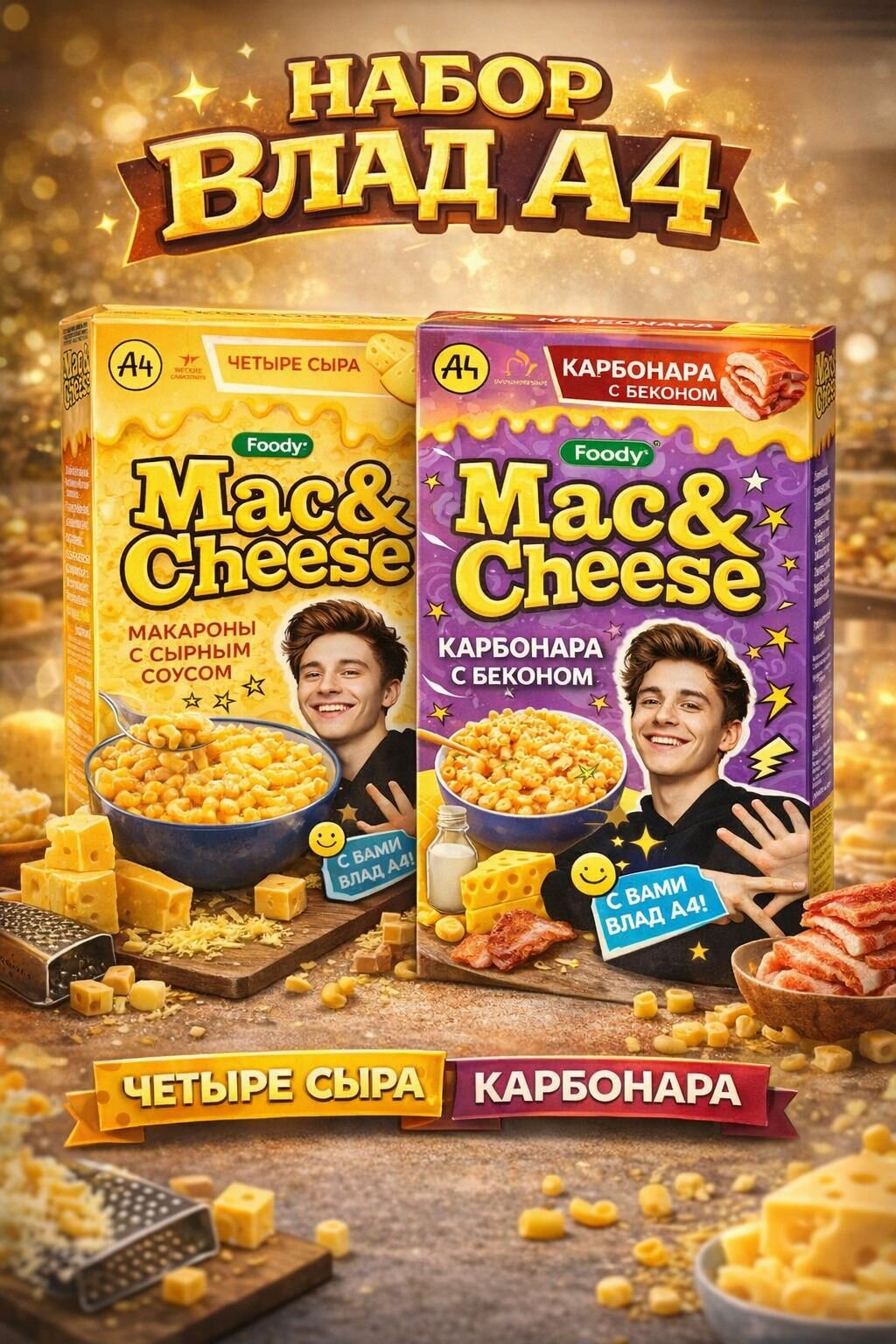 Набор 2 вкуса макарон Влад А4 Mac&Cheese Четыре сыра / Карбонара по 143 гр.