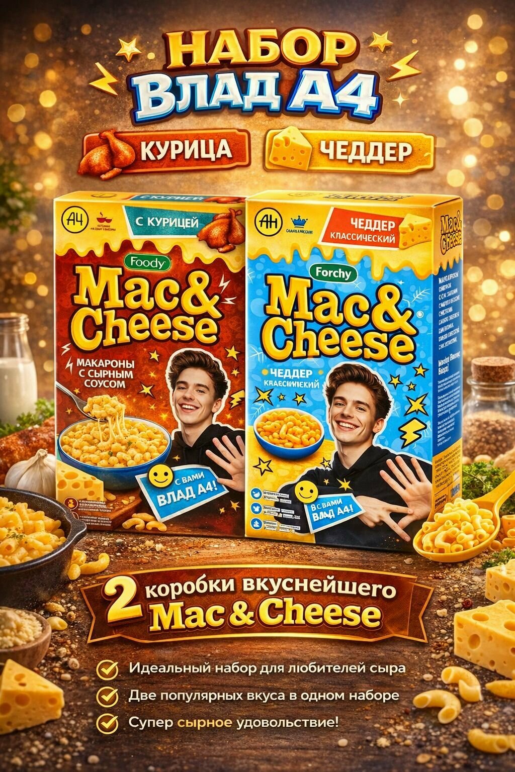 Набор 2 вкуса макарон Влад А4 Mac&Cheese Курица / Чеддер по 143 гр.