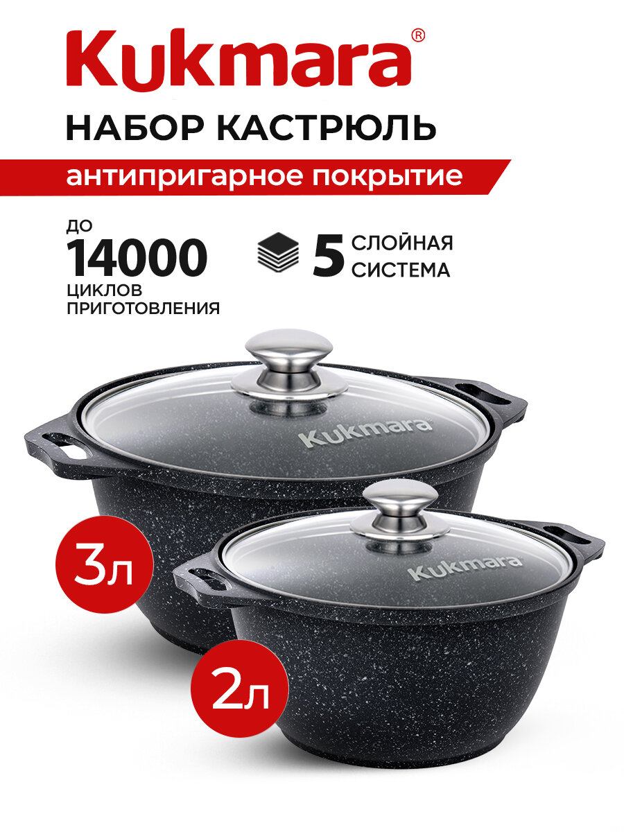 Набор кастрюль 2л 3л KUKMARA антипригарное покрытие со стеклянными крышками темный мрамор