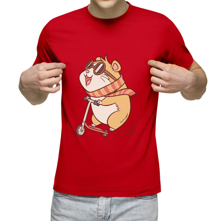 Мужская футболка «Хомяк на самоткате» (красный, S)