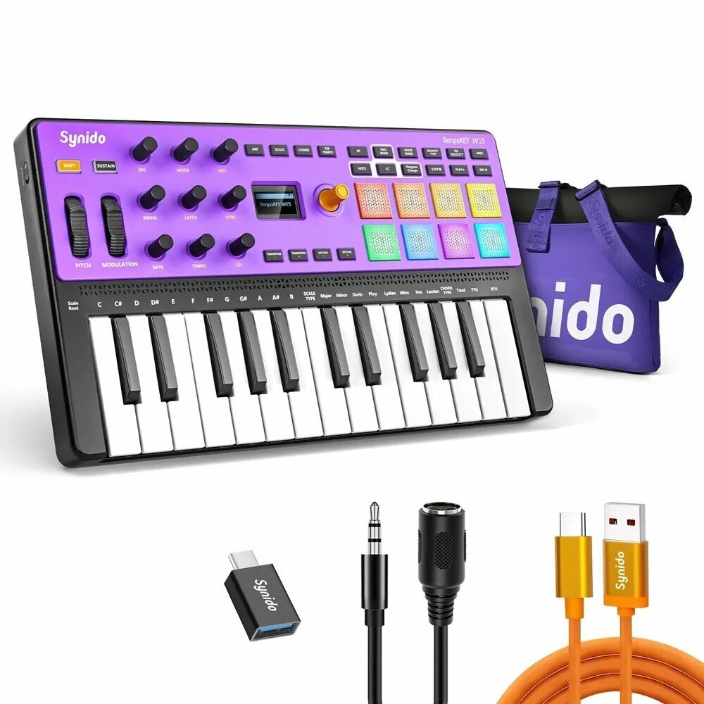 Synido Беспроводная Bluetooth-клавиатура TempoKEY W25 2025 года с MIDI-контроллером, 25 клавишами, 8 пэдами с подсветкой, OLED-экраном, 120 тембрами и 8 наборами ударных