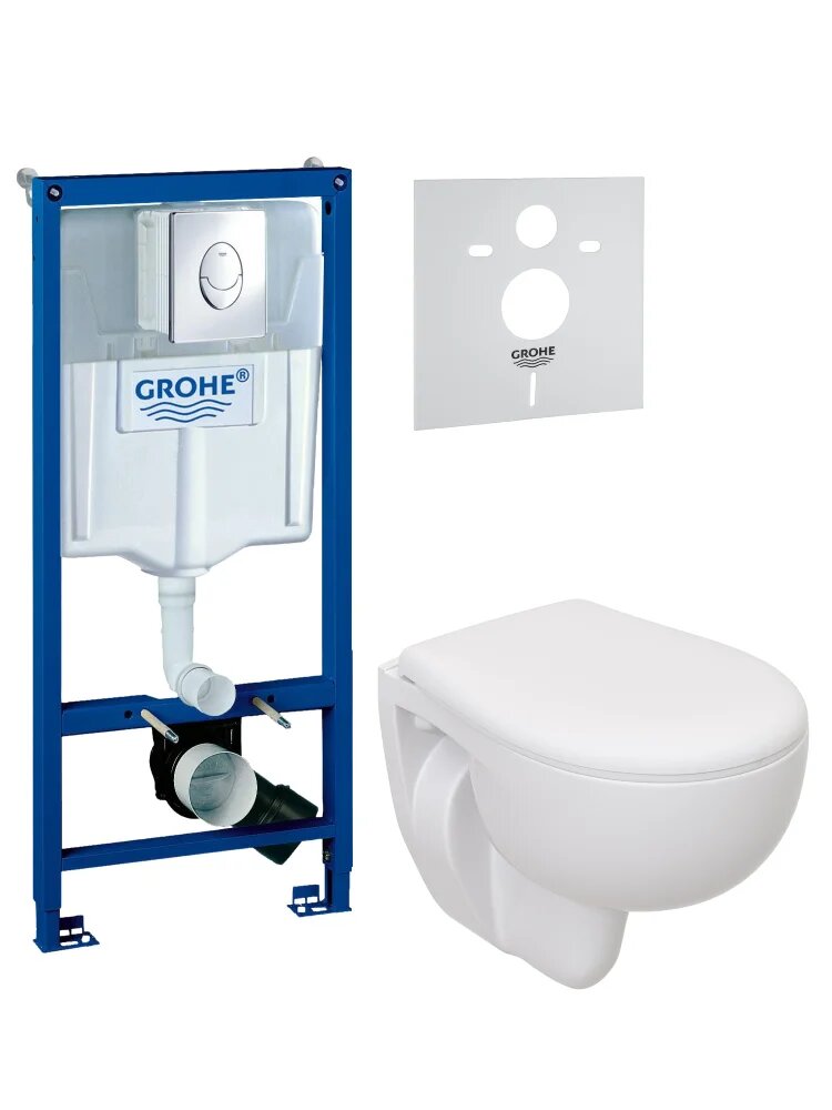 Комплект 4 в 1 Унитаз подвесной Seramiksan Natura A051041H / Сиденье AG50002 / Инсталляция с кнопкой Grohe Rapid SL 38721001, Звукоизоляция 37131000