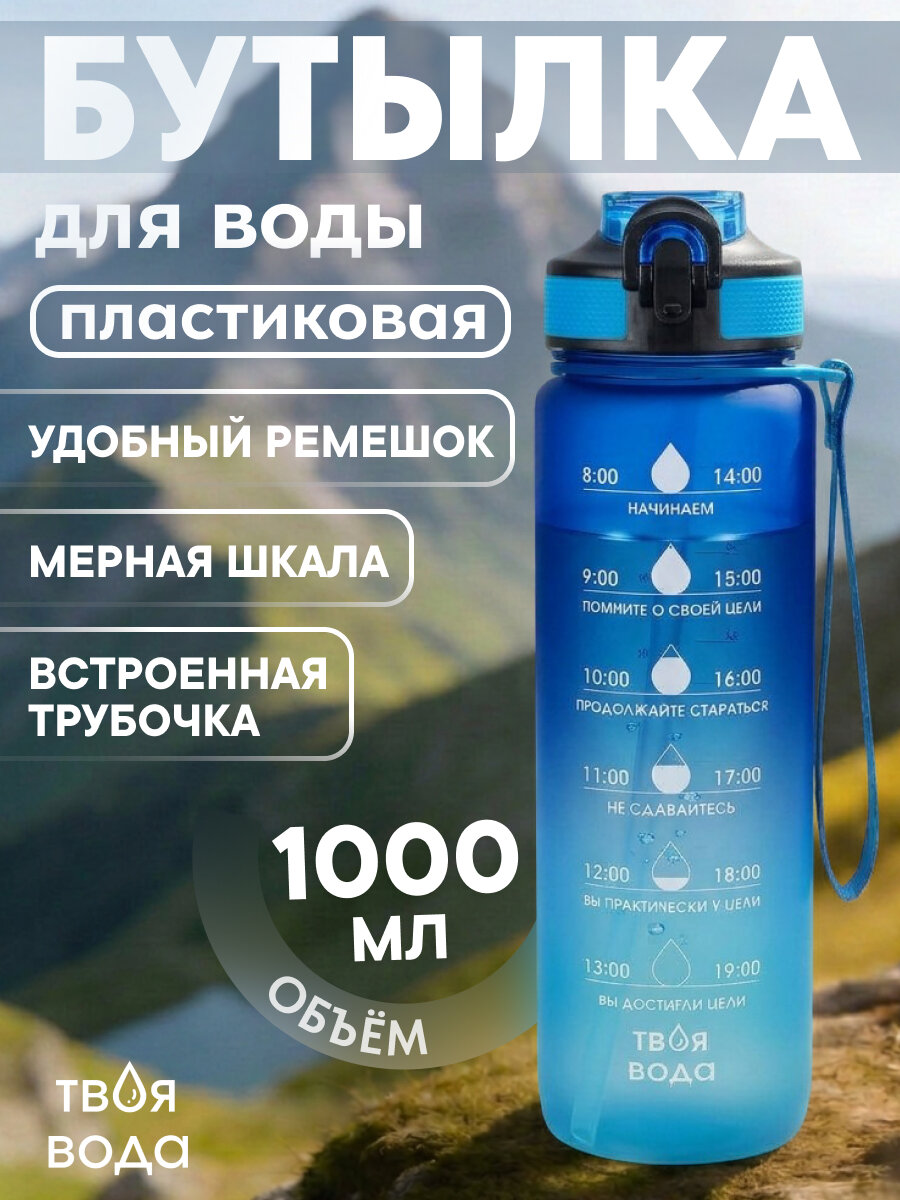 Бутылка для воды пласт. с крыш-защёлк и ремеш Твоя вода, сине-голубая,1000 мл, 8х28.5см УД-7933
