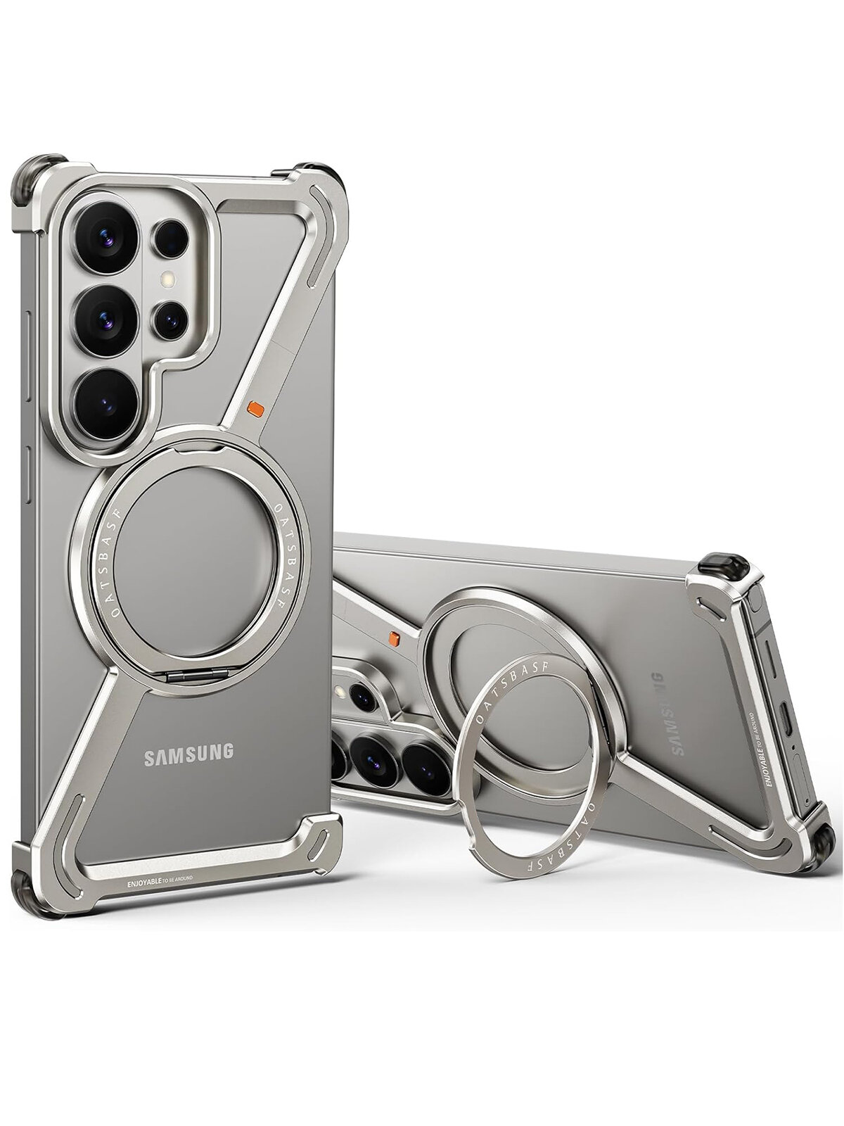 Минималистичный чехол OATSBASF для Samsung Galaxy S26 Ultra, вращающийся на 360, подставка, алюминиевый металлический чехол-бампер без рамки, серый металлик