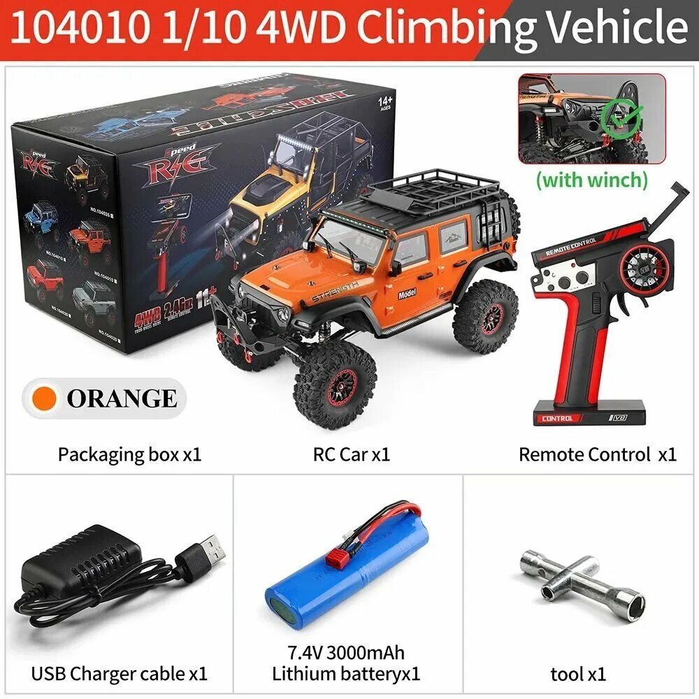 WLtoys 104010: Радиоуправляемый внедорожник, масштаб 1:10, полный привод 4WD, для преодоления препятствий. Управление 2.4 ГГц, дальность до 100 м, прочная конструкция.