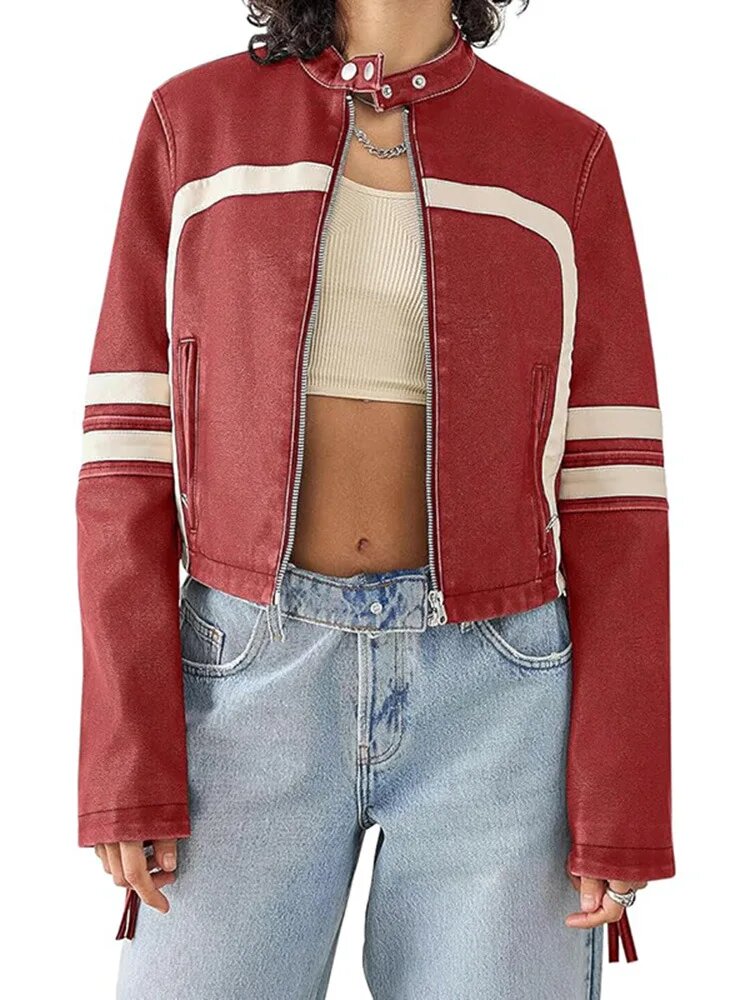 Женская мотокуртка bywindto короткая из искусственной кожи L, Бордовый, бордовый