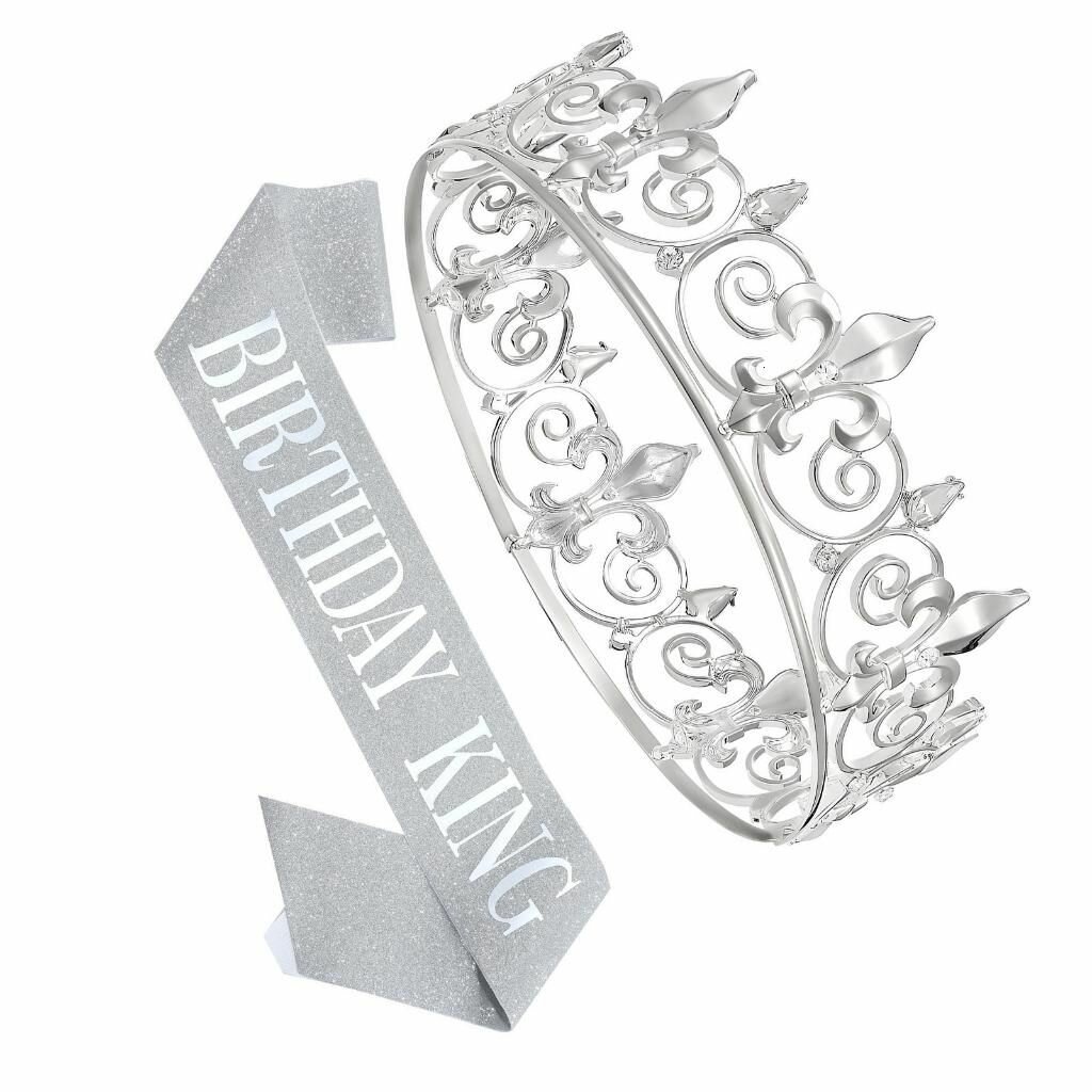 Мужская корона и лента на день рождения, серебряный блеск