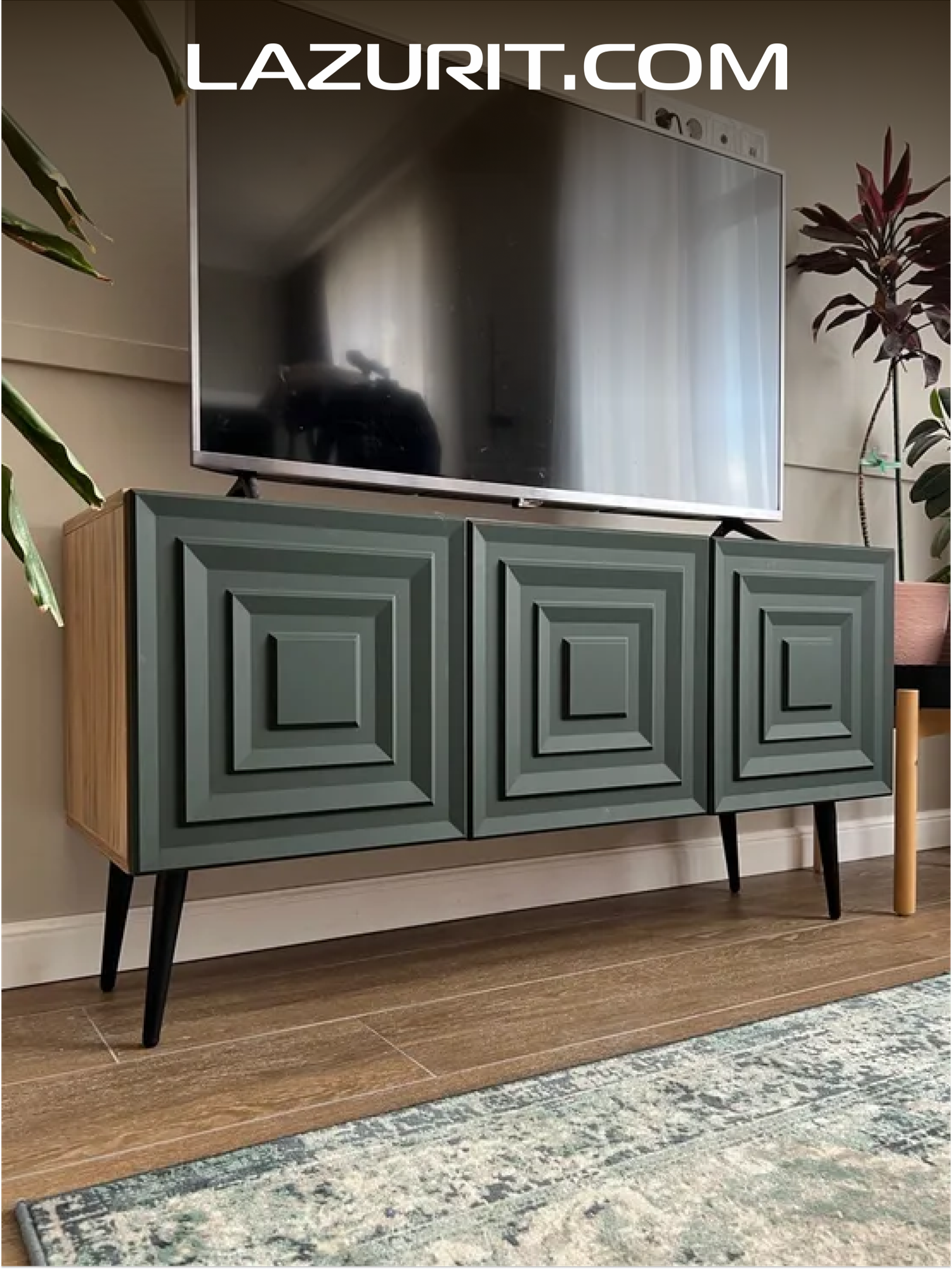 ТВ Тумба под телевизор 50" напольная зеленая Lazurit Alpes с ящиками с черным ножками 115х58х36 Soft-touch