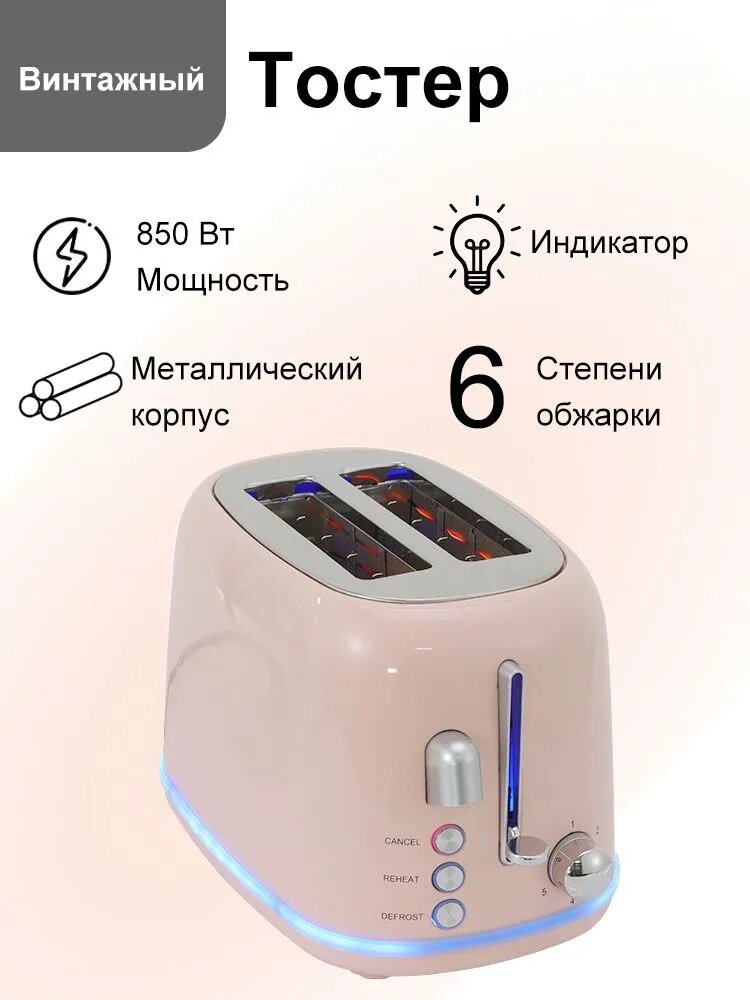 JIQI Тостер Винтажный электрический тостер, 2 широких слота, 850 Вт, 6 уровней прожарки, функция подогрева и размораживания, съемный поддон для крошек, с индикатором, бытовая сковорода для завтрака, светло-розовый 850 Вт тостов - 2, светло-розовый