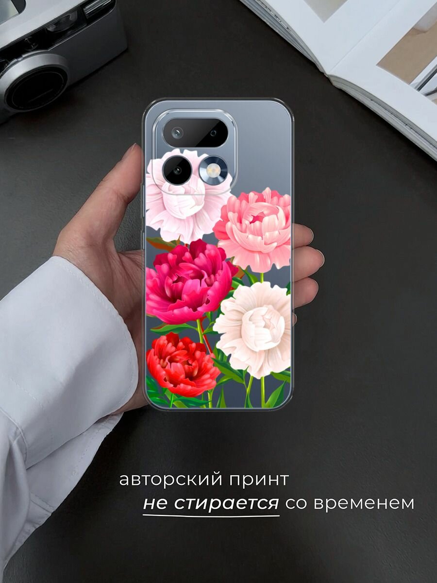 Чехол на Realme 16 Pro / Реалме 16 Про с принтом Большие пионы, прозрачный — фото 1