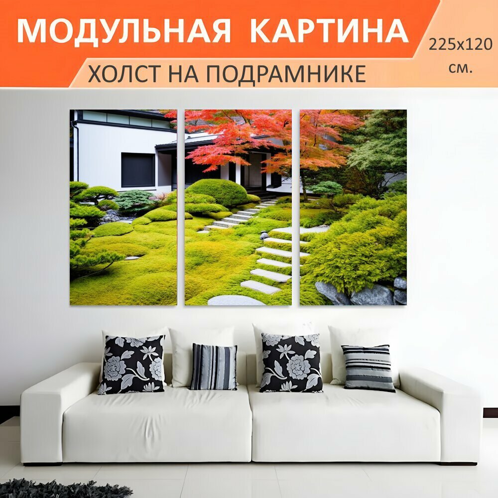 Модульная картина на холсте "Сад в японском стиле с красным кленом на фоне современного белого дома. Мягкий мох и камни создают." триптих на подрамнике 225х120 см. для интерьера