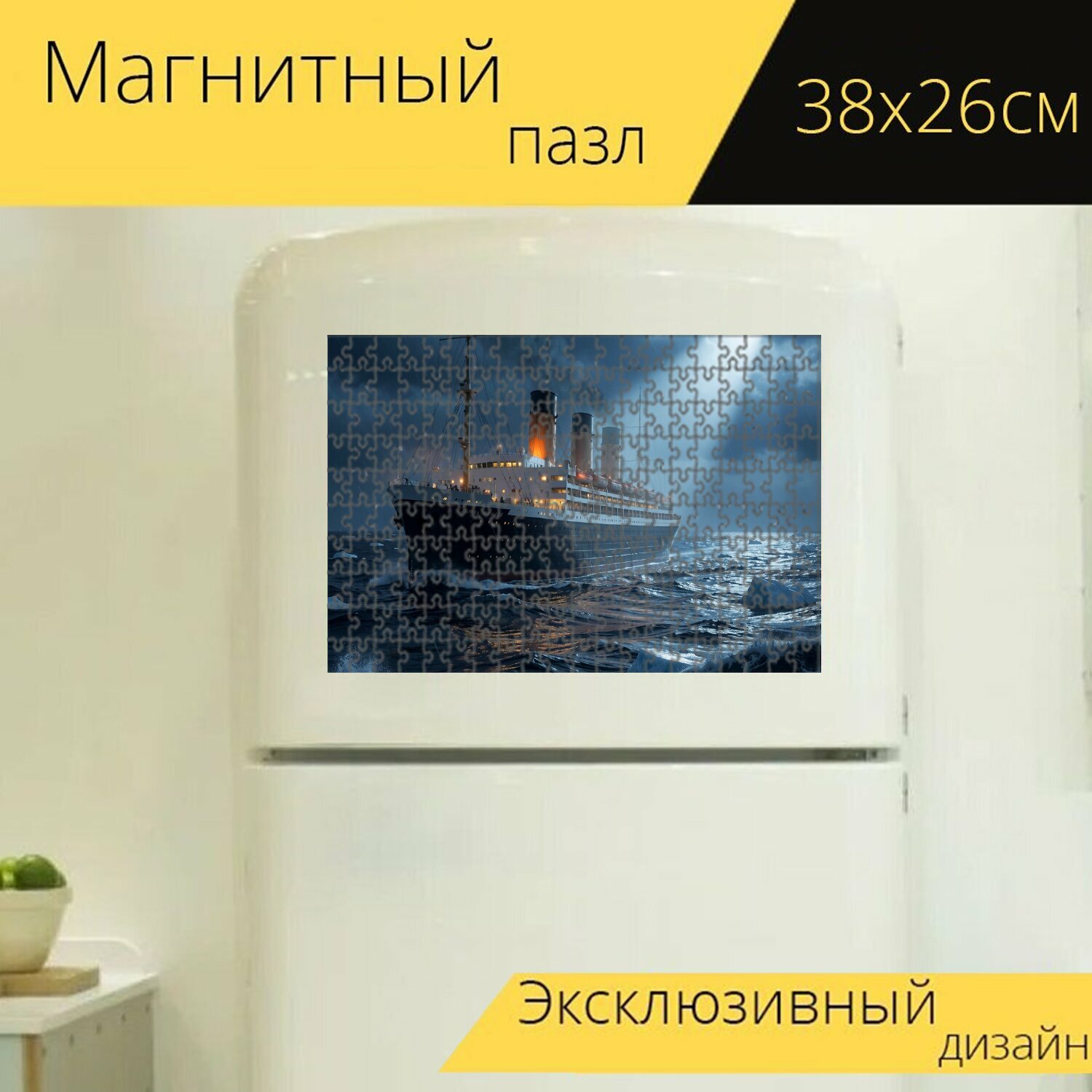 Магнитный пазл "Океанский лайнер в шторм. Величественный морской корабль среди темных волн и льдин под лунным светом, драматичная ночная сцена в холодных." для интерьера, 38х26 см.