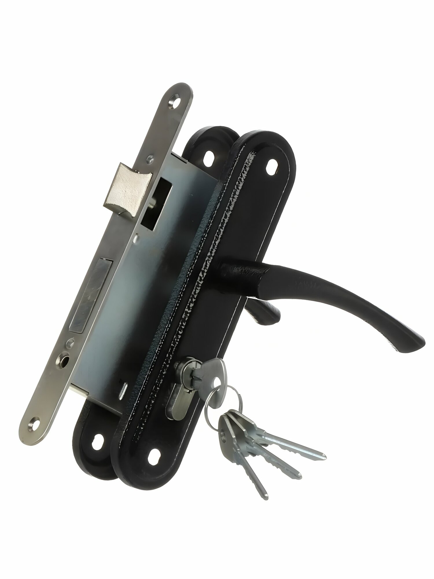 Замок врезной Омега ЗВ7, цилиндровый, с ручкой в комплекте, черный, межосевое расстояние 55 мм, 4 ключа, Россия