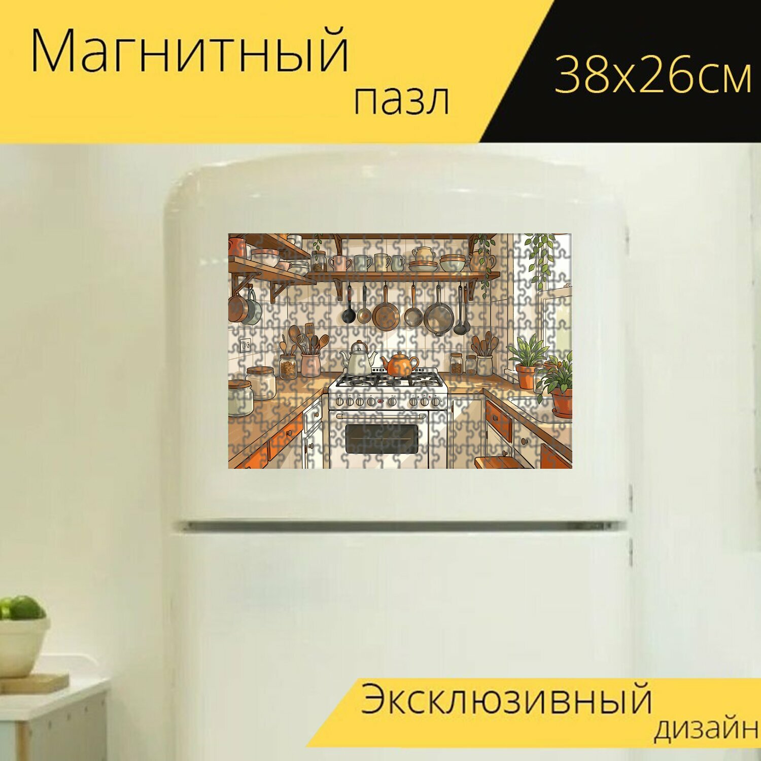 Магнитный пазл "Уютная кухня с растениями. Тёплый интерьер домашнего кухонного пространства в скандинавском стиле: открытые полки, посуда, чайники." для интерьера, 38х26 см.