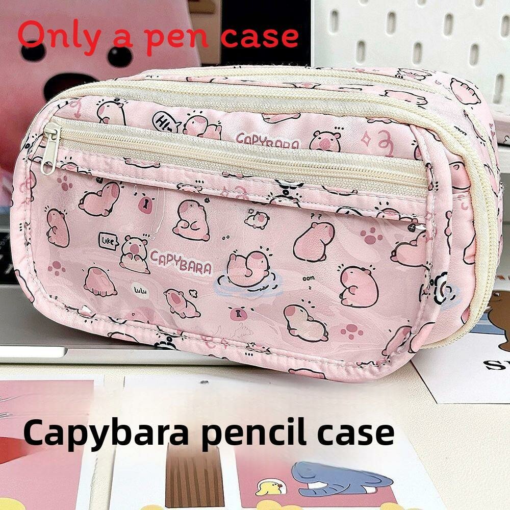 Cartoon pen holder with multicompartment and durable polyester for school use pinkcapybara