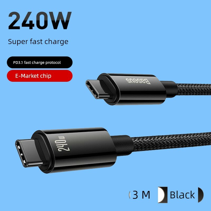 Черный кабель USB-C на USB-C длиной 3 метра с поддержкой быстрой зарядки 240 Вт PD3.1 для Apple iPhone 15-17 Pro Max,